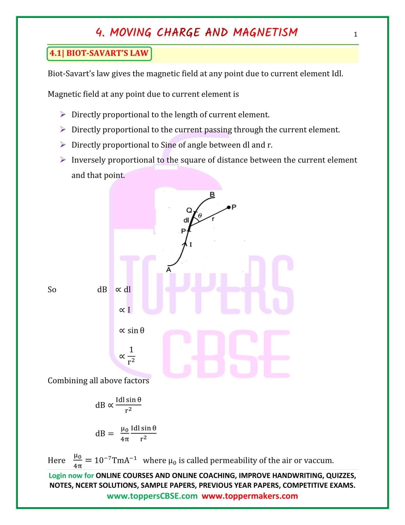 Class 12 Physics Notes of Chapter 4 Moving Charges and Magnetism ...
