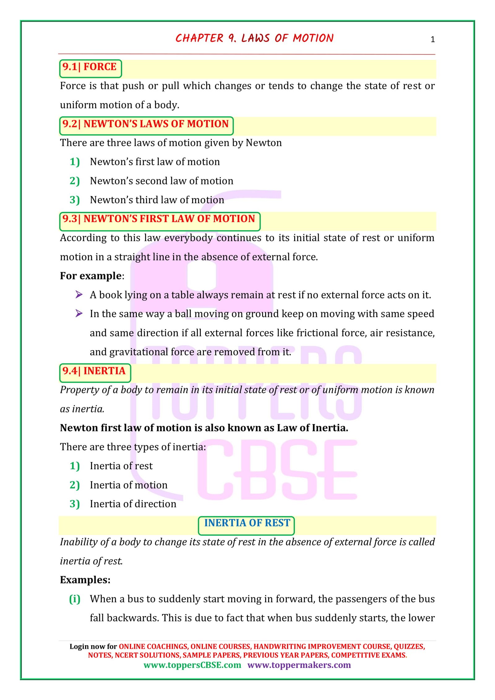 CBSE Class 9 Science Notes Chapter 9 Force and Laws of Motion | Toppers ...