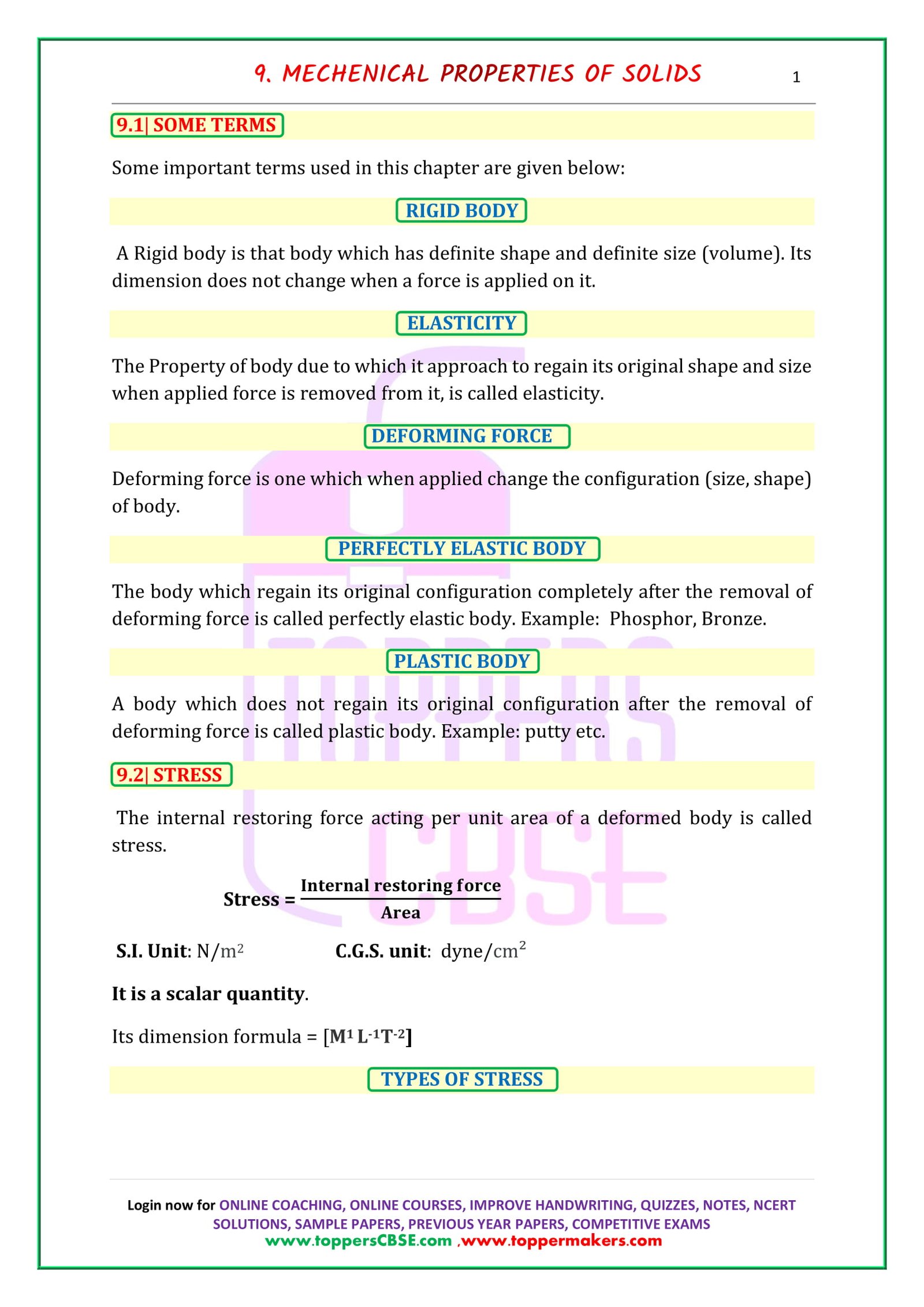 CBSE class 11 Physics Notes Chapter 9. Mechanical Properties of Solids ...